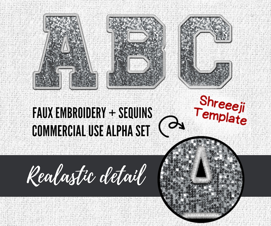 Grey - Faux Embroidery Sequins Alpha Set - Alphabet Sublimation PNG DTF ...