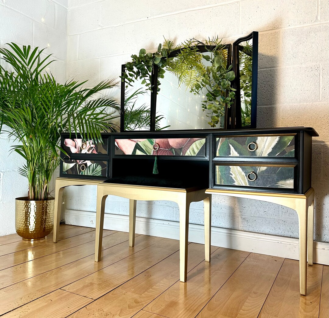 Stag Dressing Table With Triple Mirror and Stool Black Green Gold ...