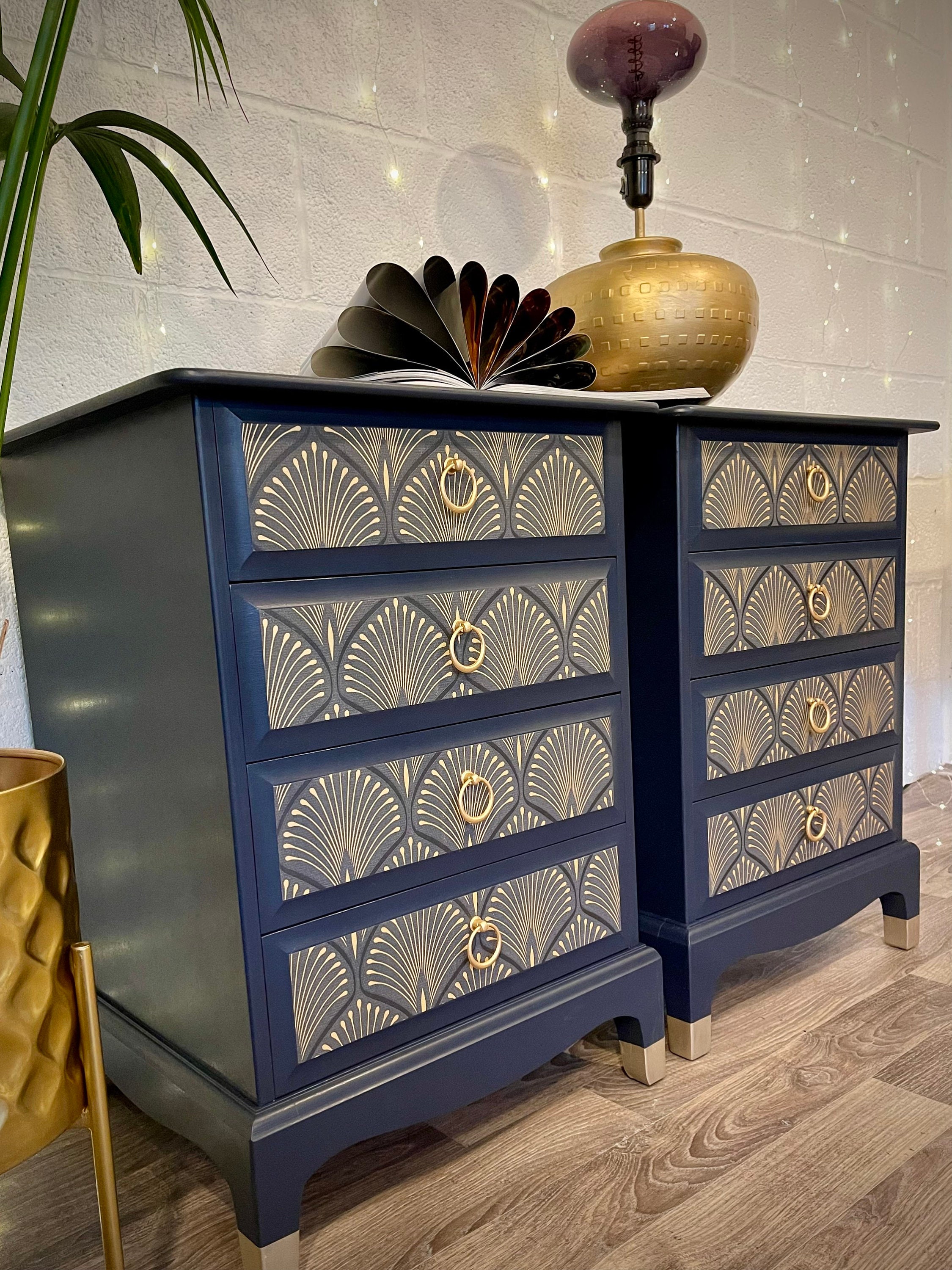 Pair of Stag Bedside Cabinets Hand Painted in Midnight Blue With Art ...