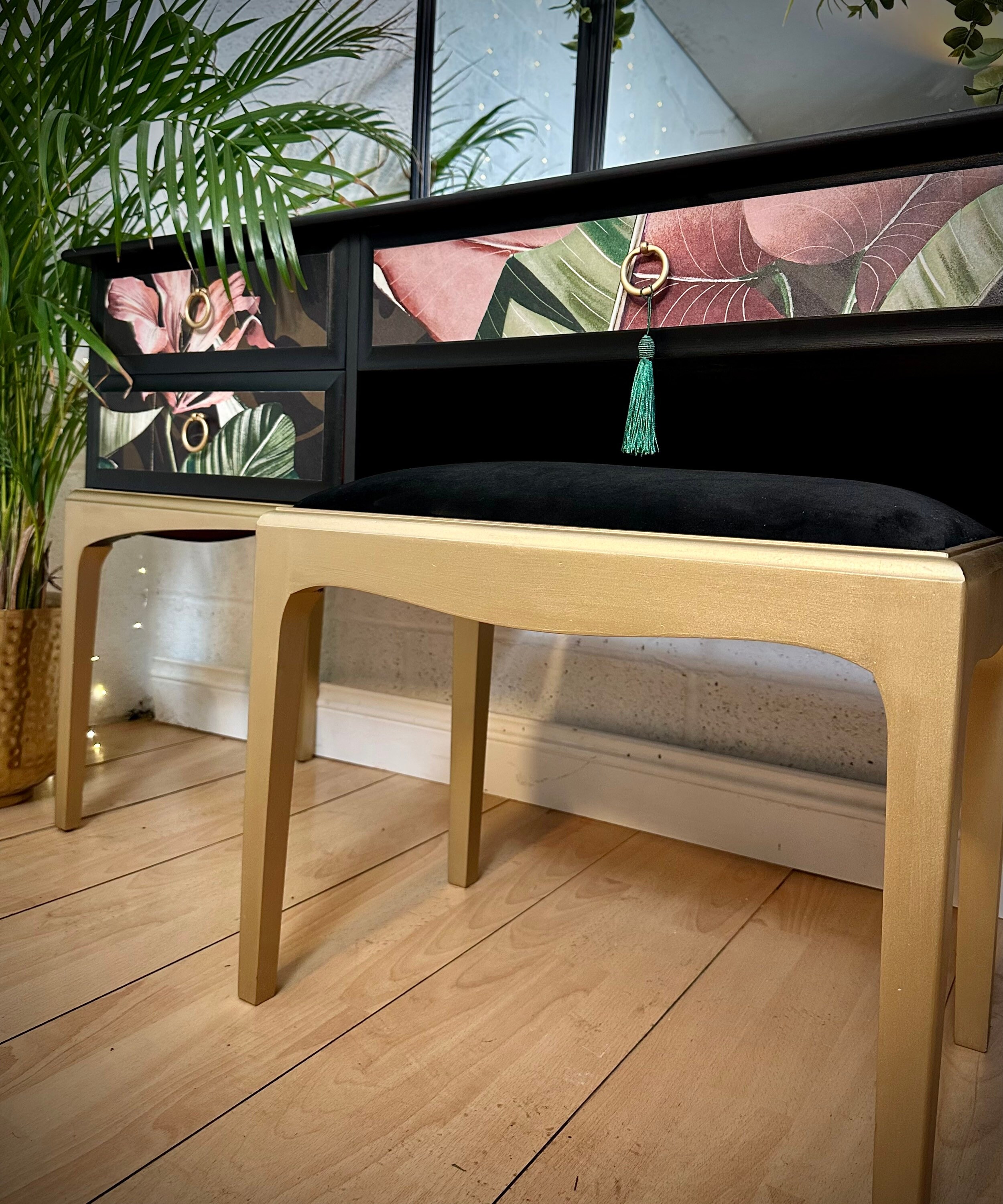 Stag Dressing Table With Triple Mirror and Stool Black Green Gold ...