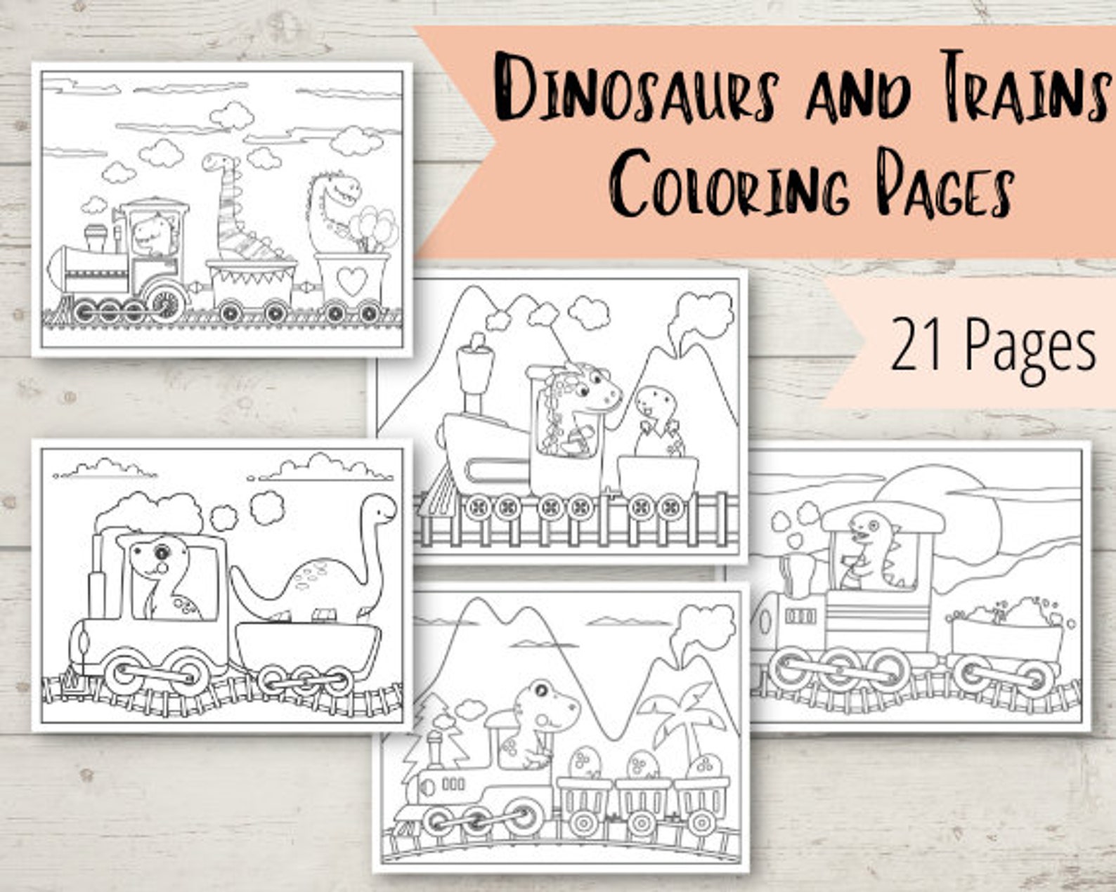 Dinosaurs Riding Trains Coloring Book Pages 21 Train | Etsy