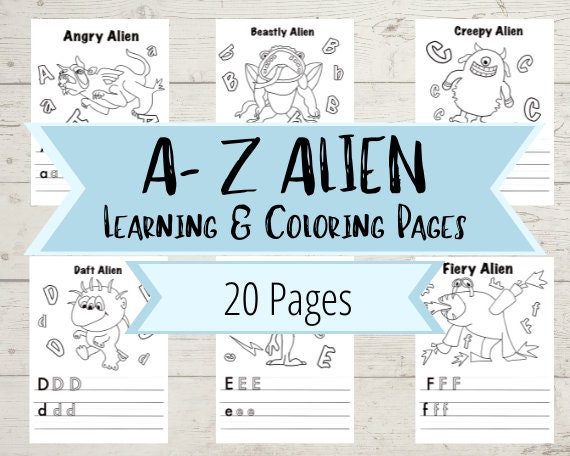 A-Z Alien Coloring & Writing Pages for Kids / Toddlers / - Etsy