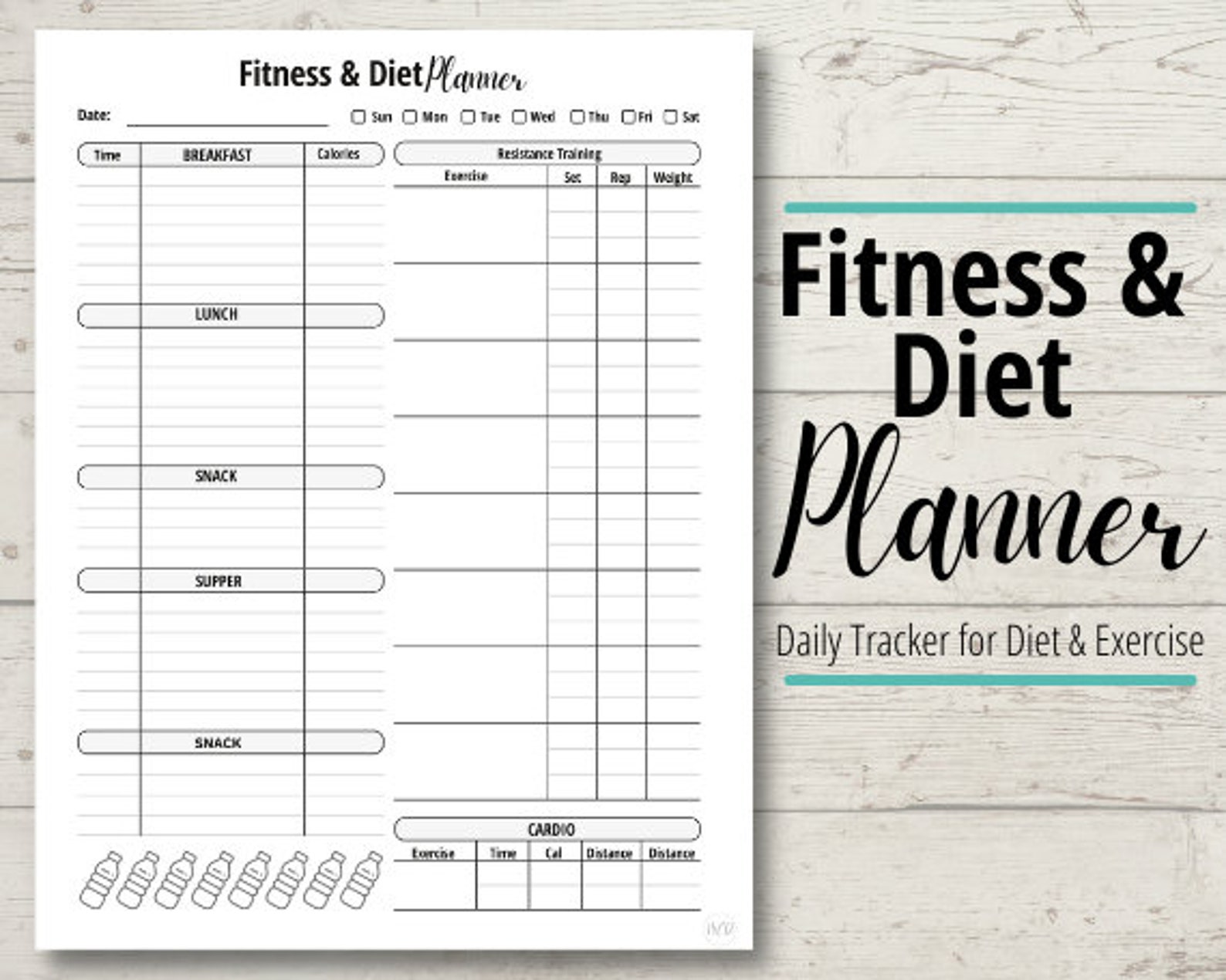 Daily Fitness & Diet Planner Workout, Meal, and Water Tracker Cardio ...