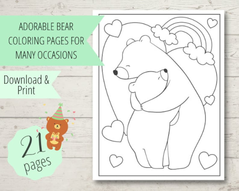 21 Bear Coloring Book Pages Teddy Bears Baby Bears Happy - Etsy