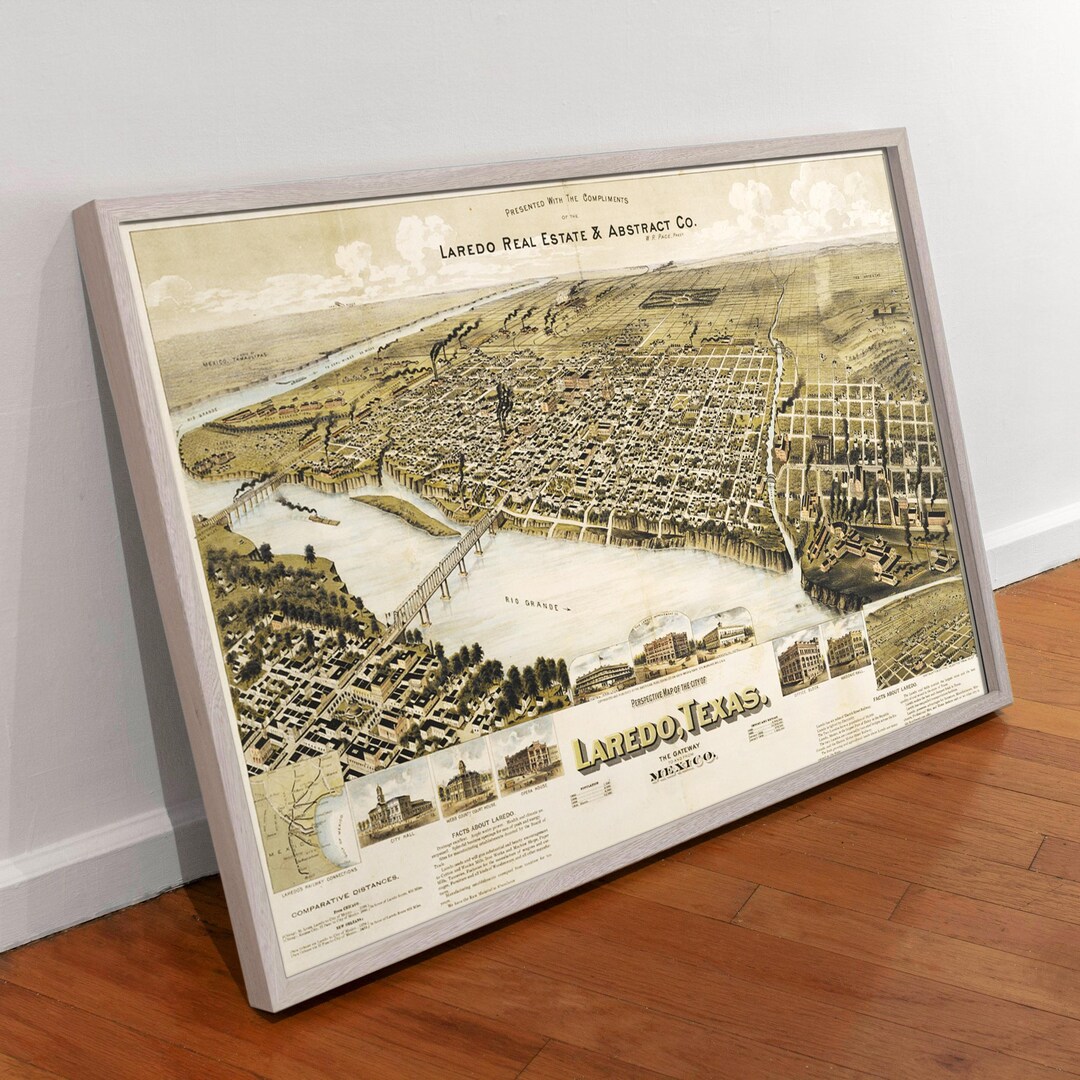 Laredo Texas Old Map Canvas Wall Art, Historical Texas Map Poster Print ...