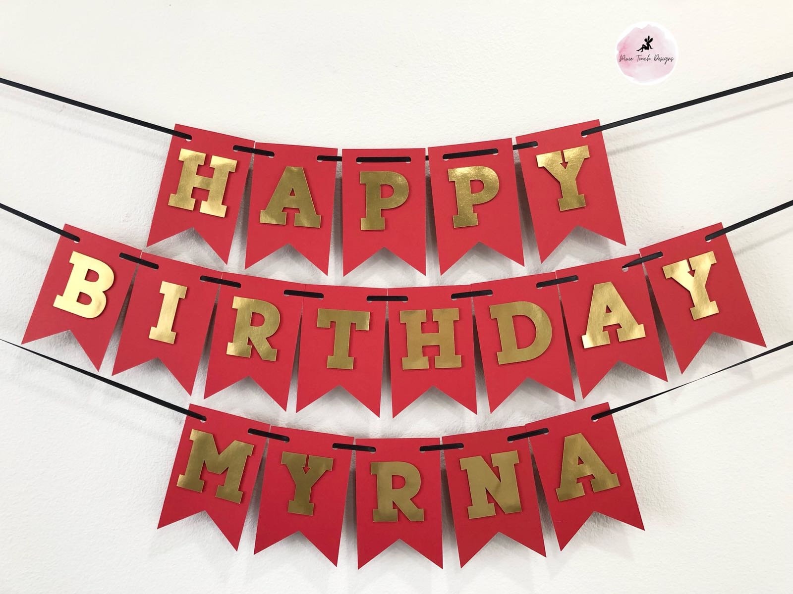 Red Happy Birthday Banner With Name. Gold Banner. Happy - Etsy