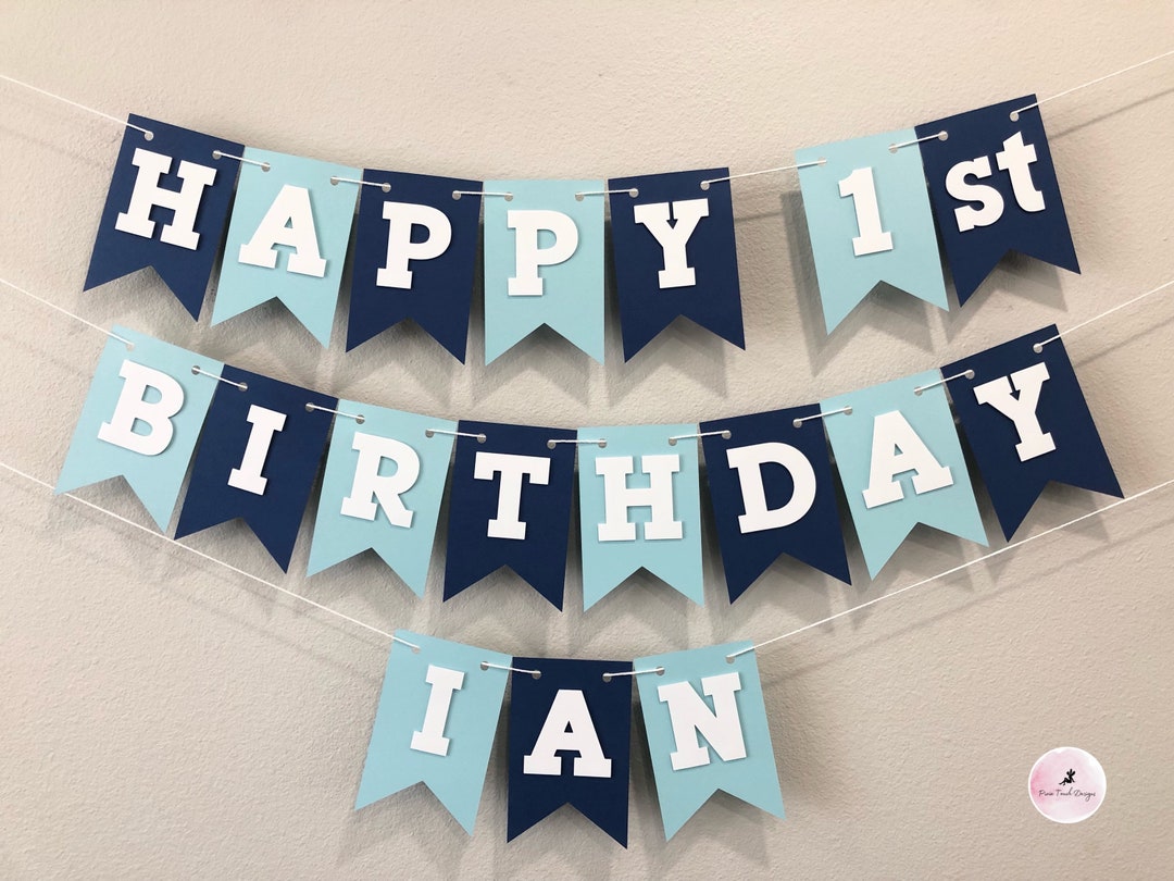 Navy Blue & Light Blue Happy Birthday Banner With Name. Birthday Banner ...