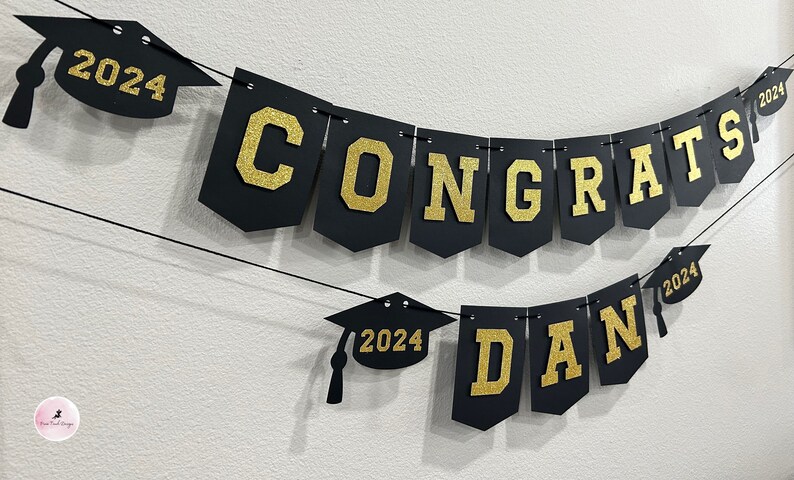 Personalized Graduation Banner: Black & Gold Glitter, Grad Caps - Etsy