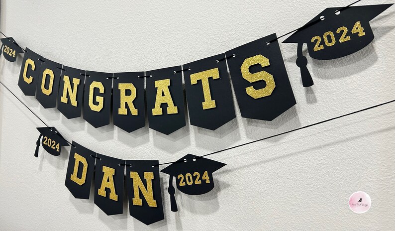 Personalized Graduation Banner: Black & Gold Glitter, Grad Caps - Etsy