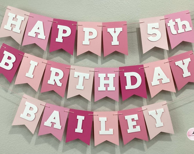 Pink Ombre Happy Birthday Banner With Name. Girl Birthday Banner. Pink ...