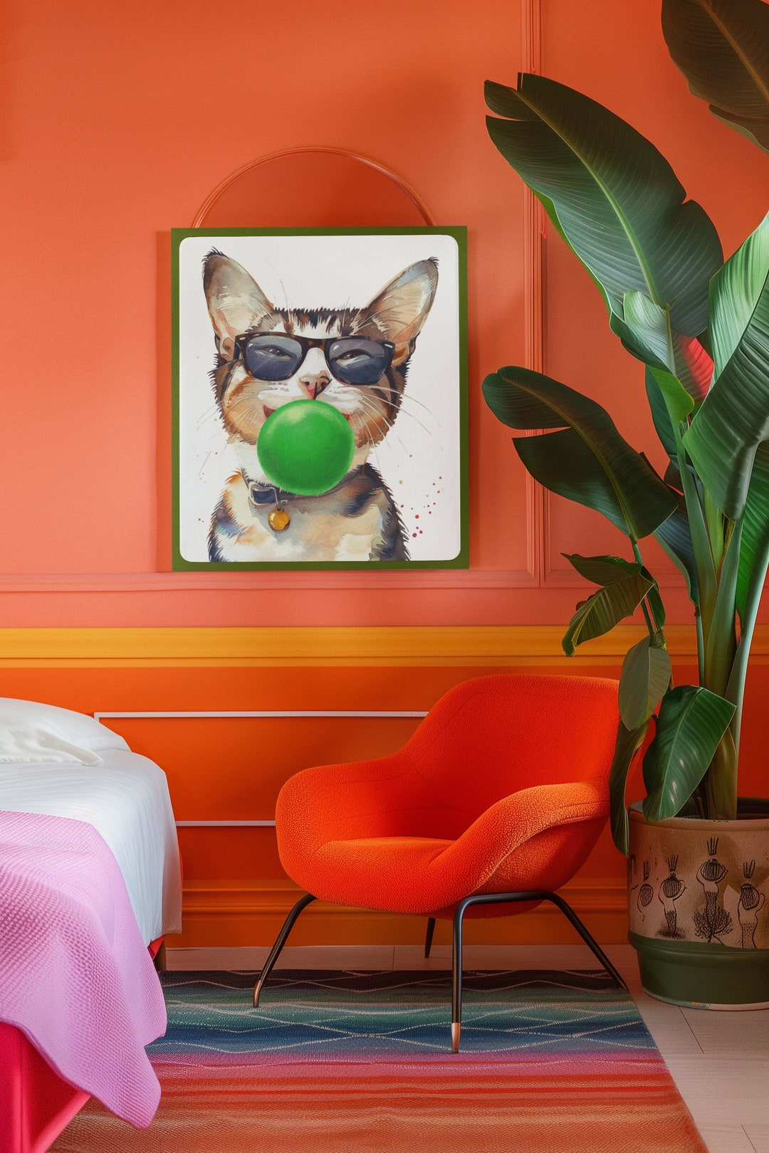 Digital Portrait of a Funny Smiling Cat, Smiling Cat Illustration, Green Chewing Gum Cat, Quirky ...