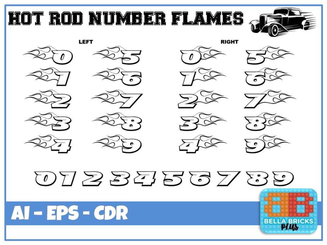 Classic Hot Rod Number Flames Hood Designs EPS, AI, CDR cricut ...