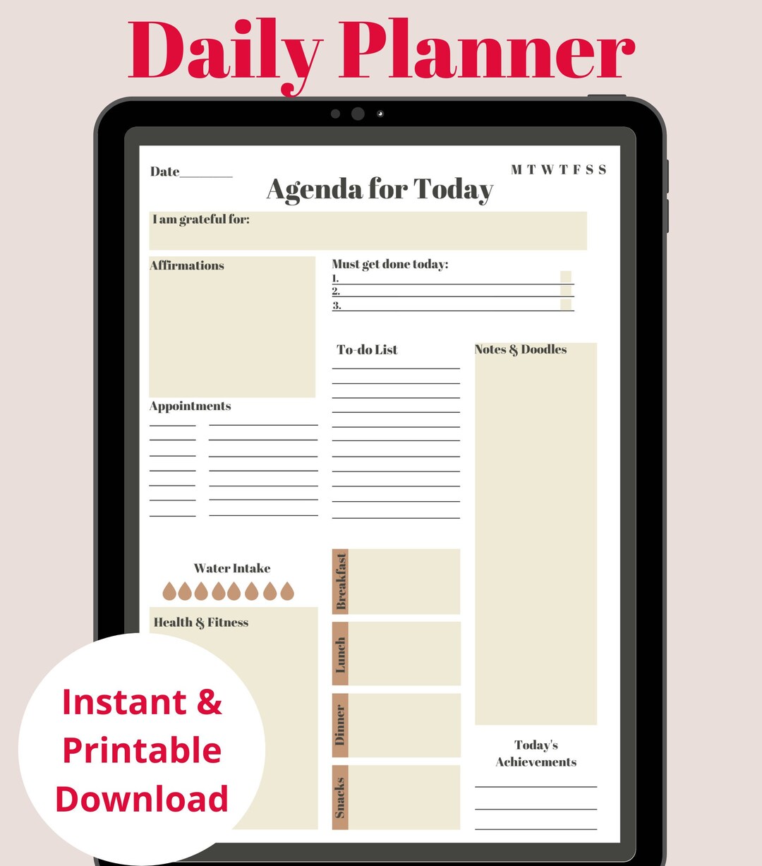 Digital and Printable Daily Planner, Agenda, Affirmations, Personal ...