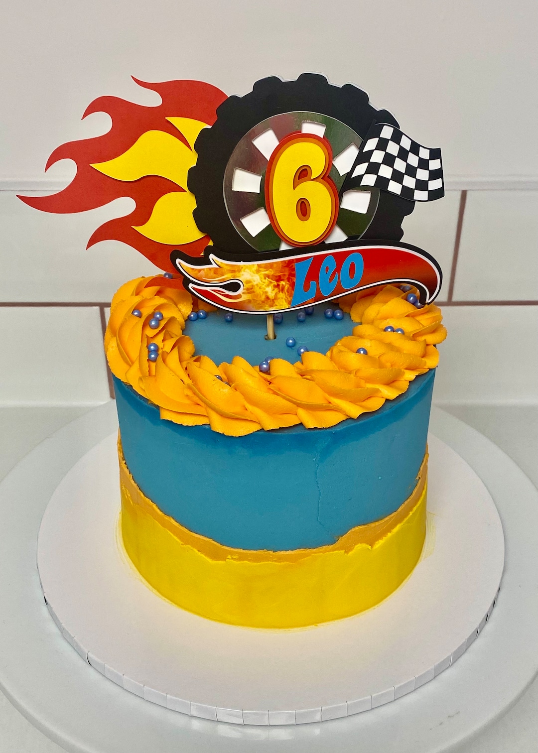 Racing Car Wheels Cake Topper. Flames, Hot, Personalised With Name and ...