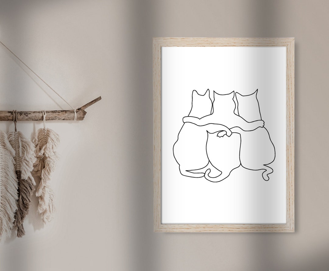 Printable 3 Cats Together Line Art Drawing, Outline 3 Cats Wall Art ...