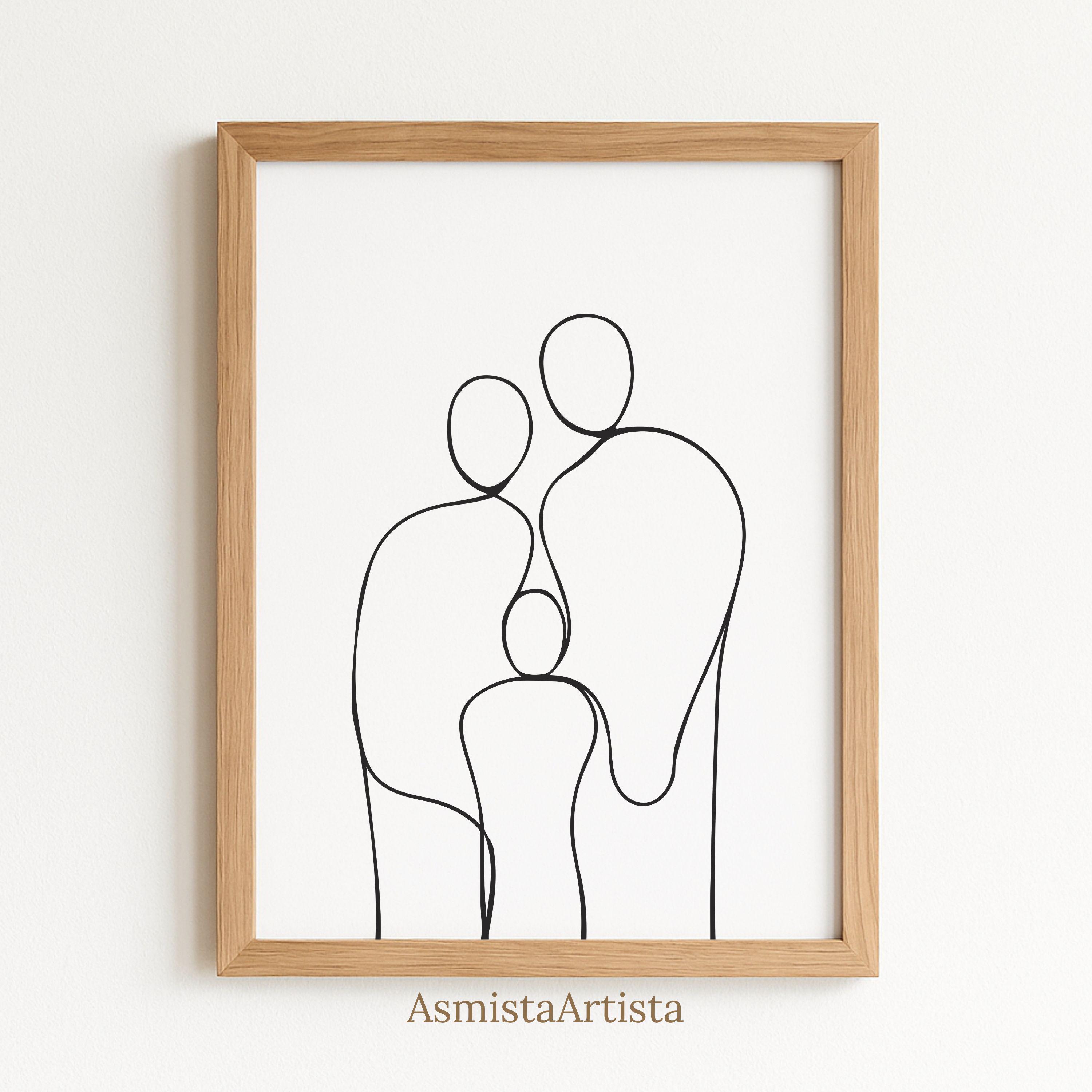 Family of Three Line Art – Minimalist Family of 3 One Line Drawing ...