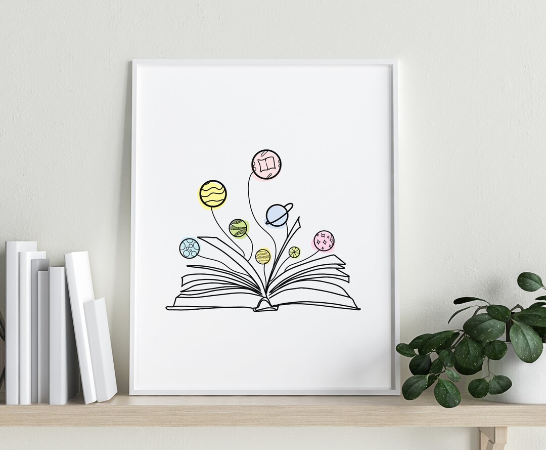 Book PRINTABLE Wall Art, Open Book With Colorful Planets Line Art, Book ...