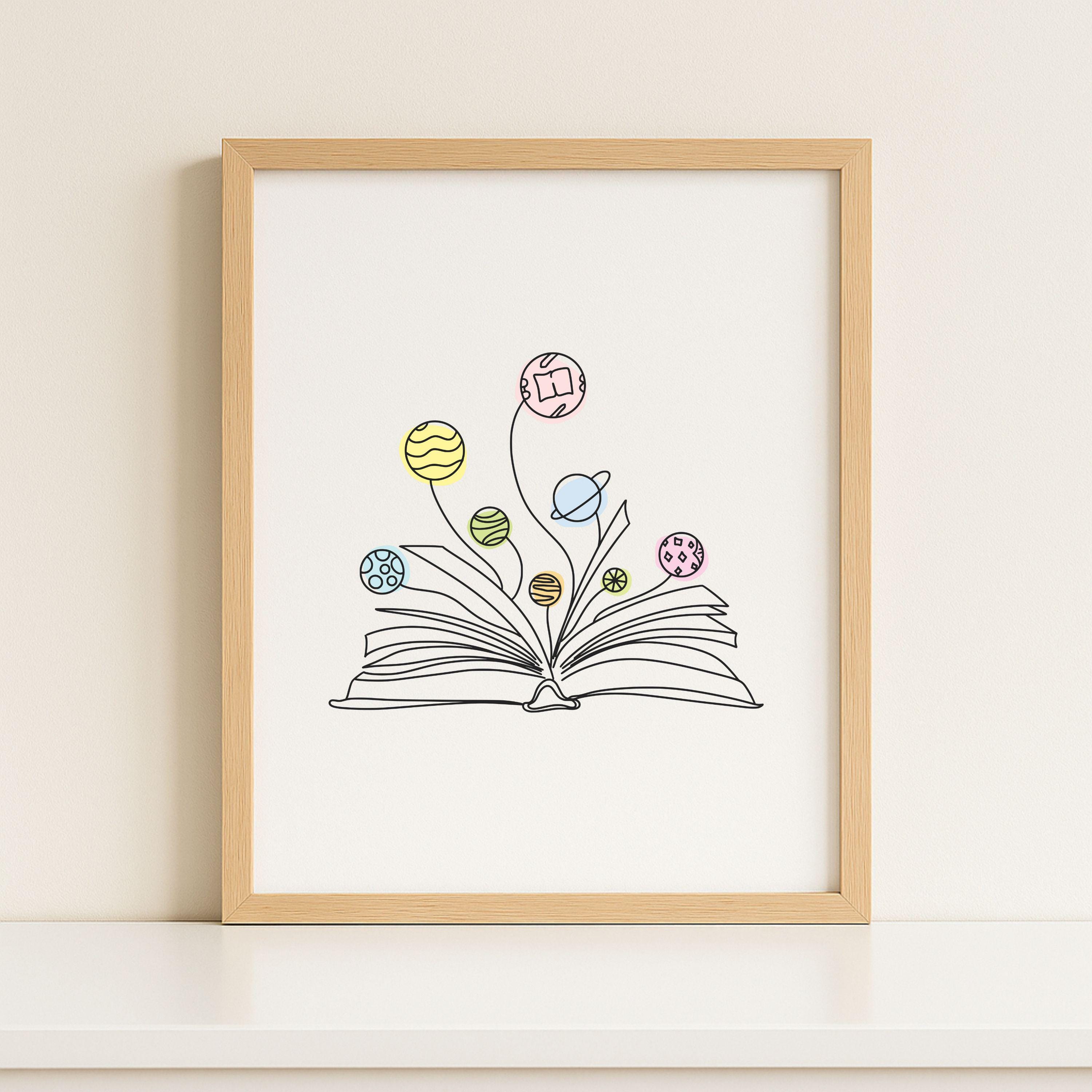 Open Book With Planets Line Art – Minimalist Wall Art Drawing, Modern ...