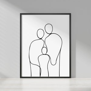 Family of Three Line Art, Printable Family of 3 Wall Art, Black Family ...