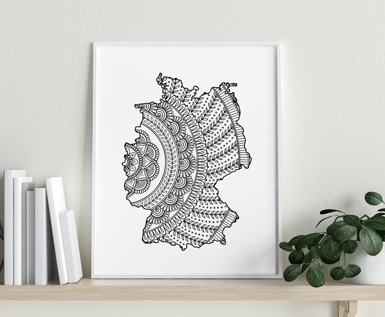 GERMANY Map Printable Wall Art, Black & White German Map Motifs Drawing ...