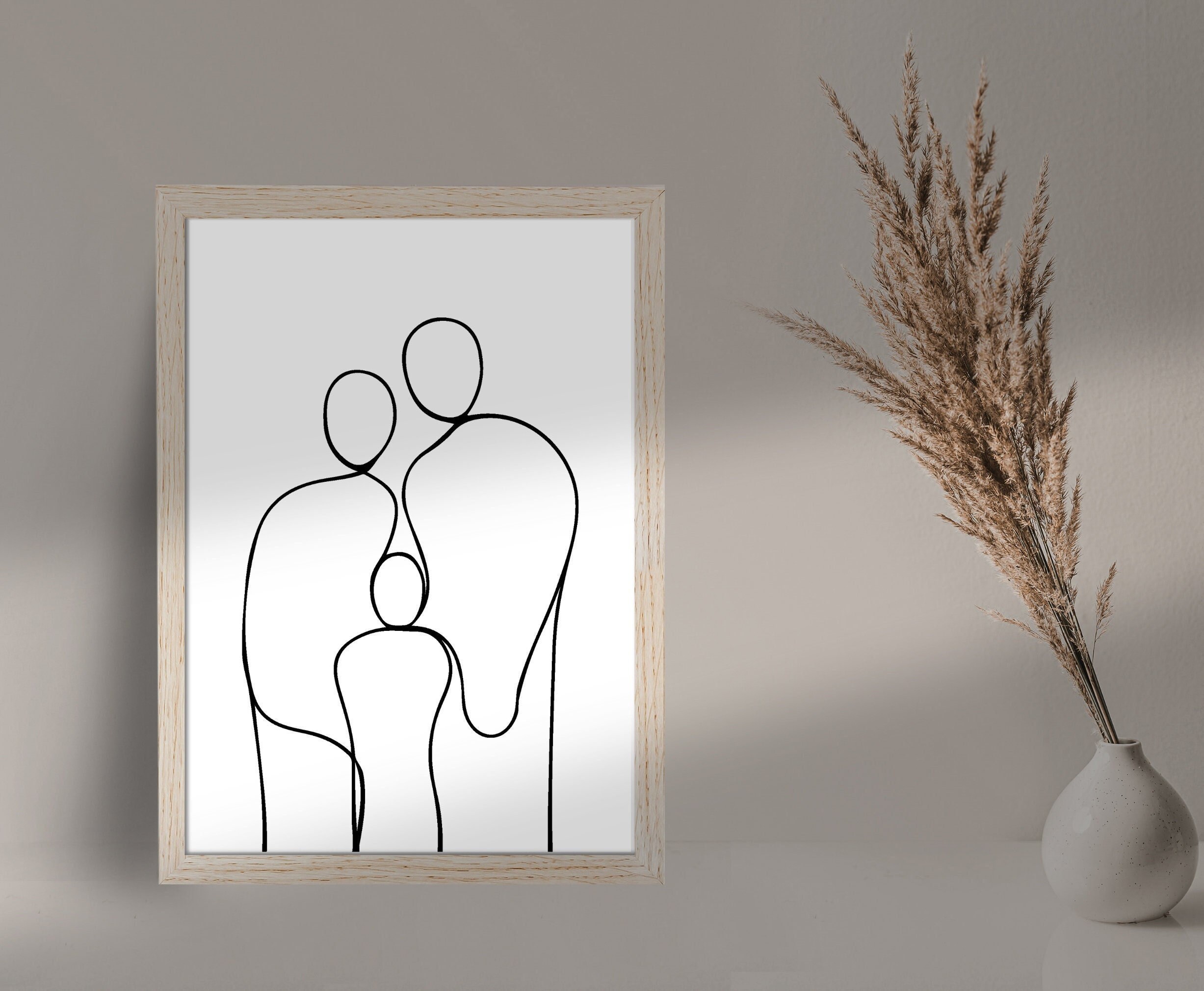 Family of Three Line Art, Printable Family of 3 Wall Art, Black Family ...