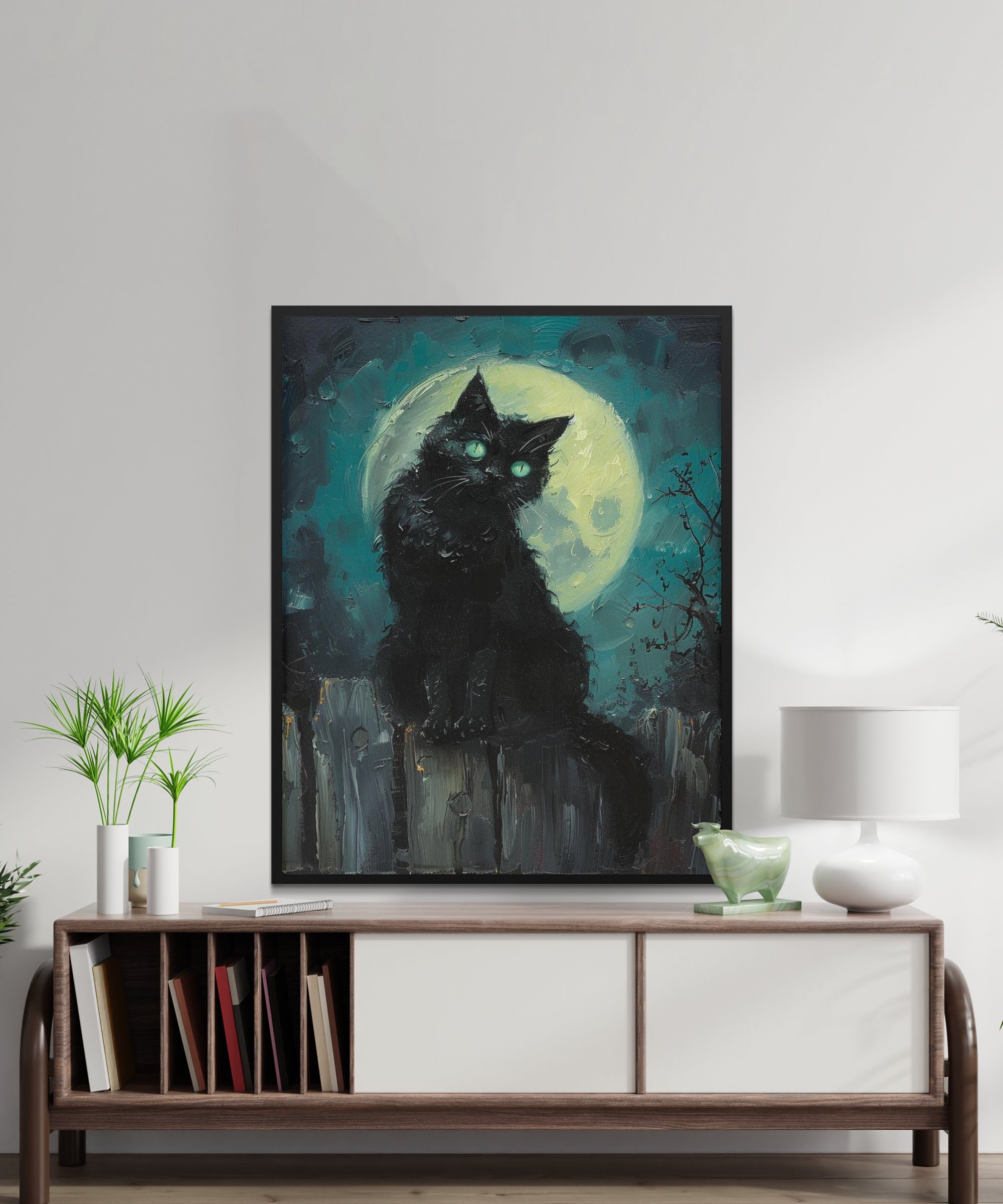 Black Cat Full Moon Digital Art Print, Halloween Wall Art, Spooky Cat ...