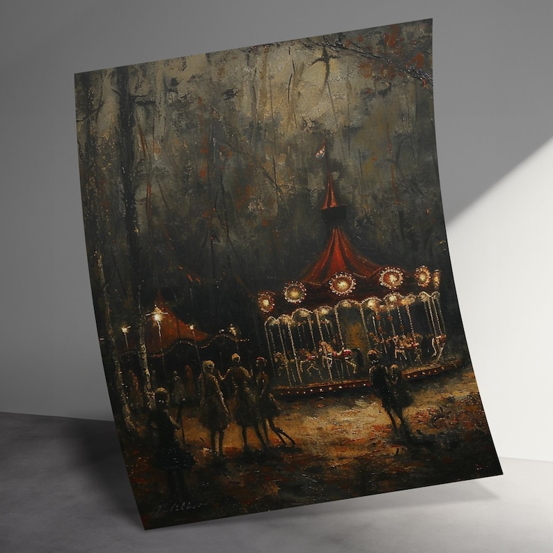 Dark Digital Carnival Scene Poster, Nighttime Circus Art Print, Haunted ...