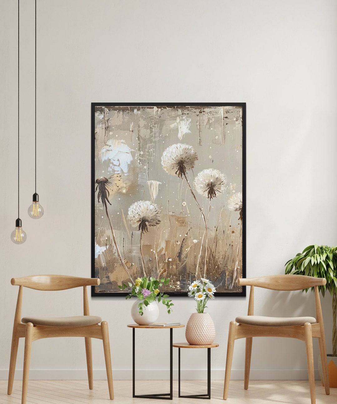 Rustic Dandelion Wall Art, Modern Abstract Digital Print, Neutral Tones ...