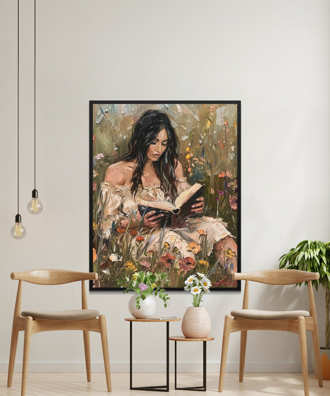 Artistic Woman Reading in Meadow, Impressionist Digital Art Print ...