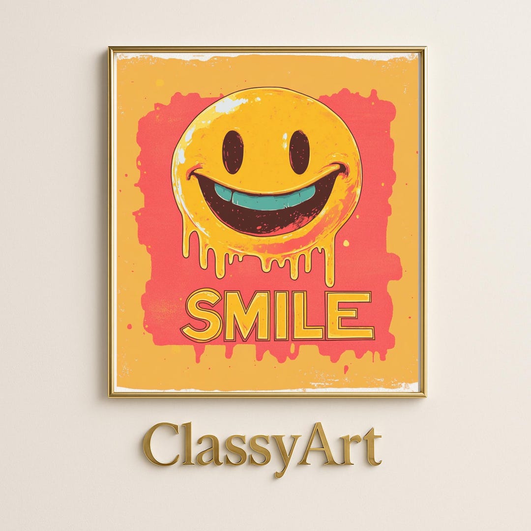 Melting Smile Digital Wall Art, Funky Smiley Face Print, Positive Vibes ...