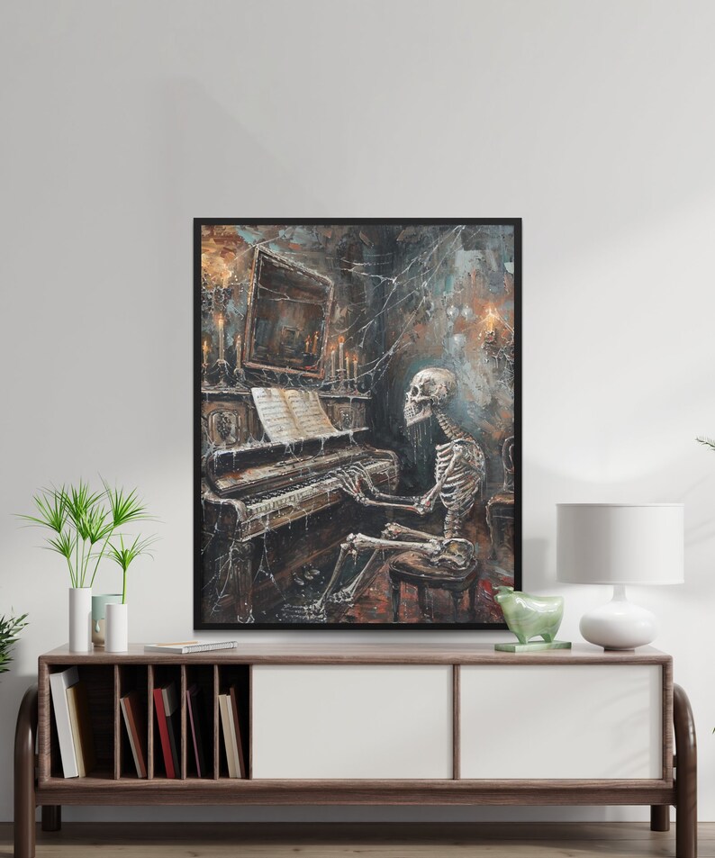Haunted Skeleton Playing Piano Digital Art, Spooky Halloween Wall Décor ...