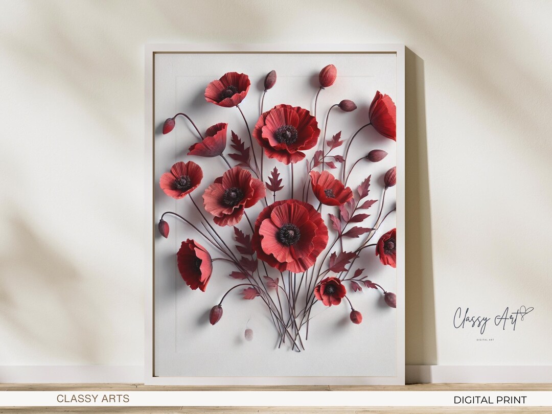 Red Poppy Wall Art, 3D Floral Wall Decor, Botanical Art Print, Flower ...
