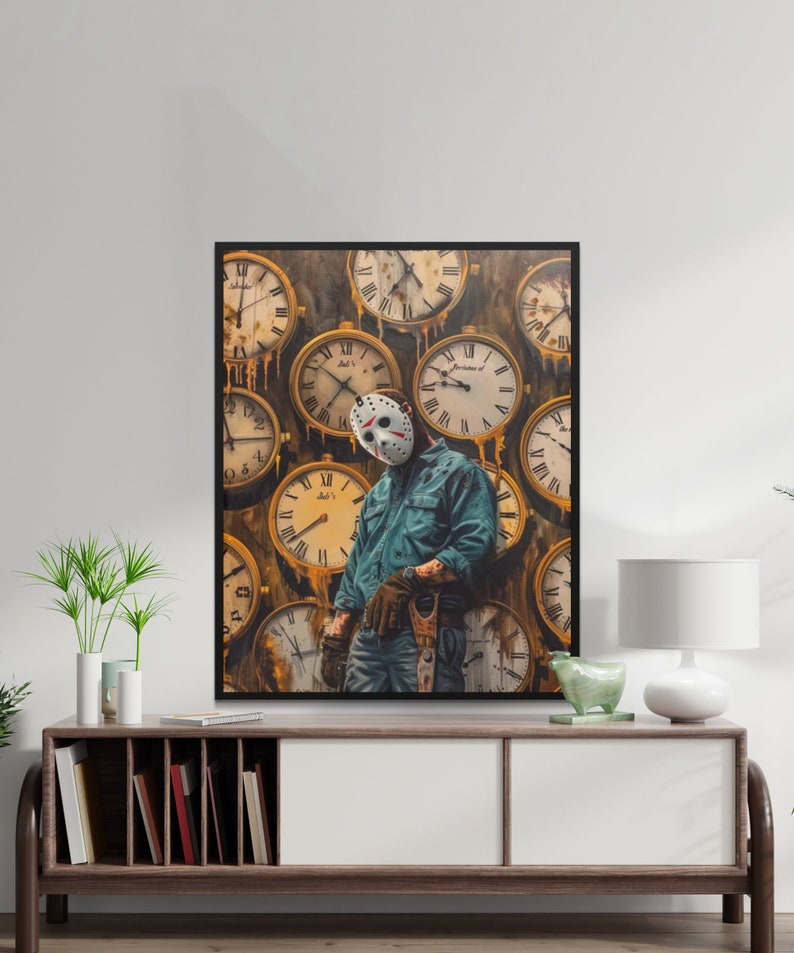 Surreal Horror Digital Art Print, Masked Figure With Clocks Background ...