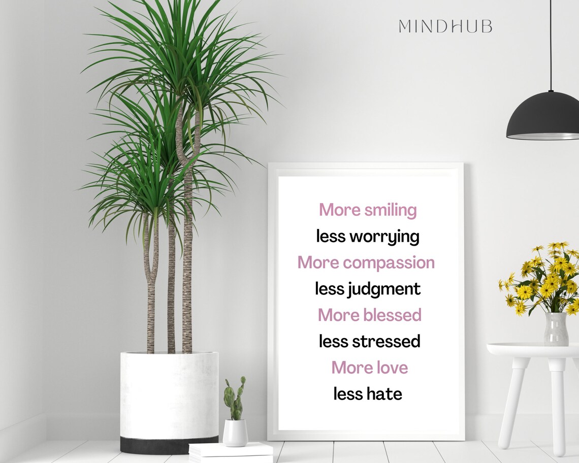 More Smiling, Less Worrying, Printable Wall Art, Inspirational Quote ...