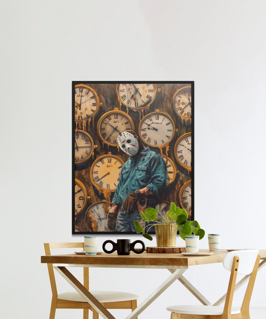 Surreal Horror Digital Art Print, Masked Figure With Clocks Background ...