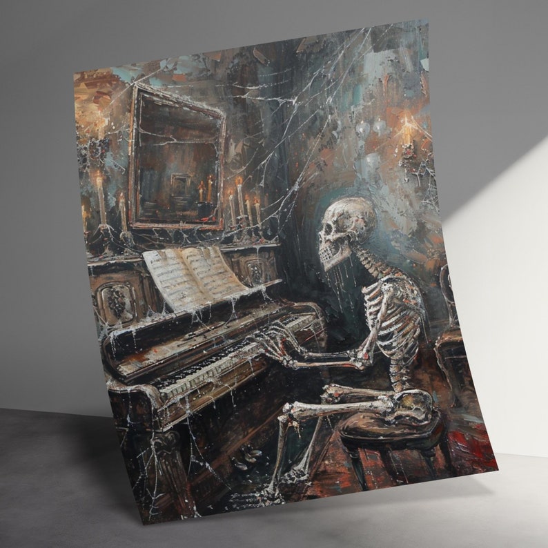 Haunted Skeleton Playing Piano Digital Art, Spooky Halloween Wall Décor ...