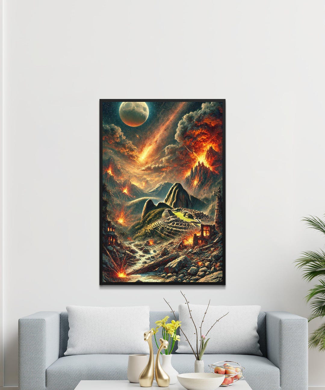 Dramatic Volcanic Eruption Wall Art, Moonlit Mountains Depicting Fiery ...
