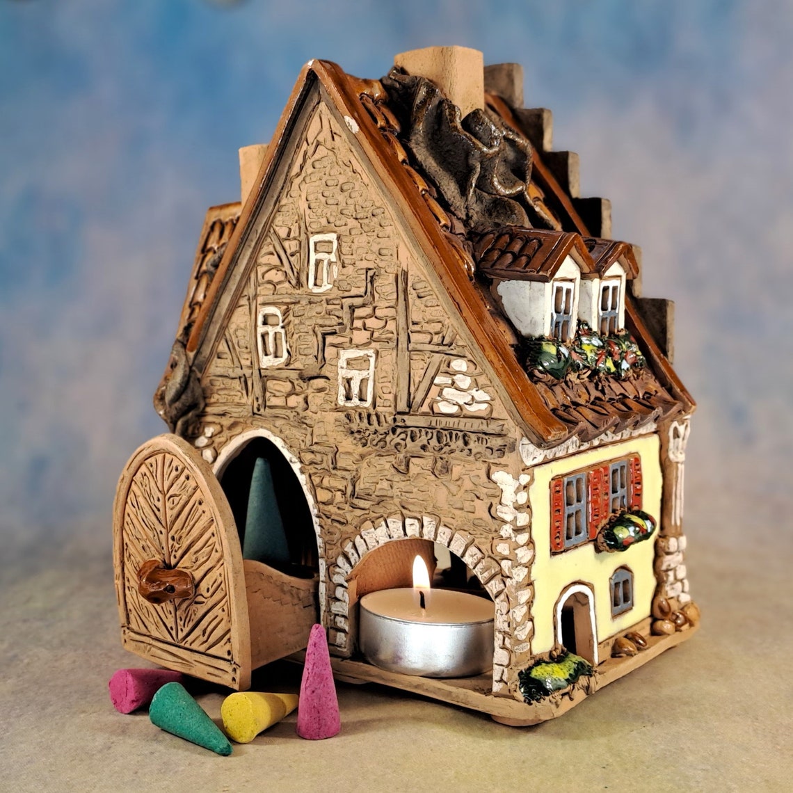 Ceramic House Tealight Candle Holder Incense Burner Home Decoration ...