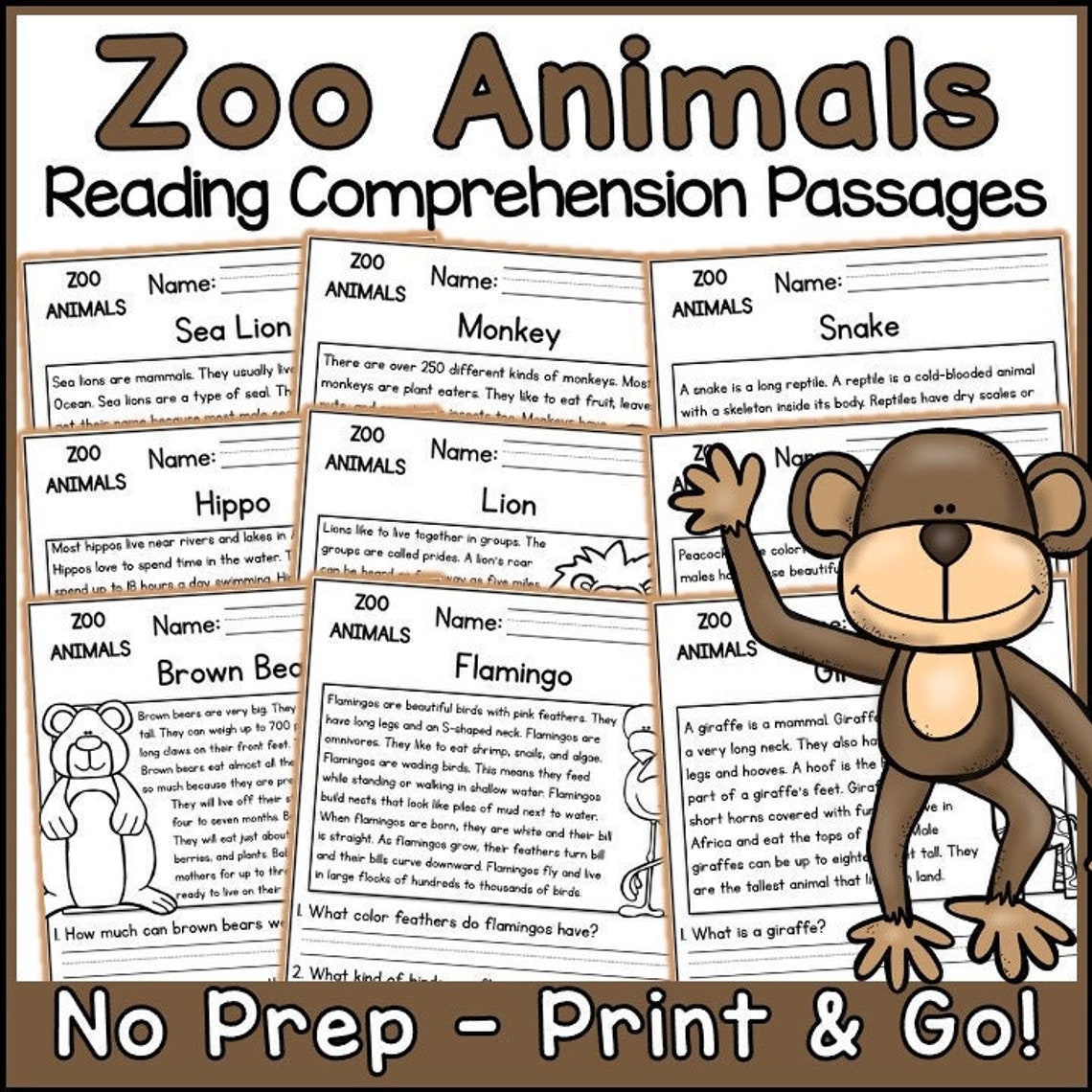 Zoo Animals Reading Comprehension Passages and Questions | Science ...