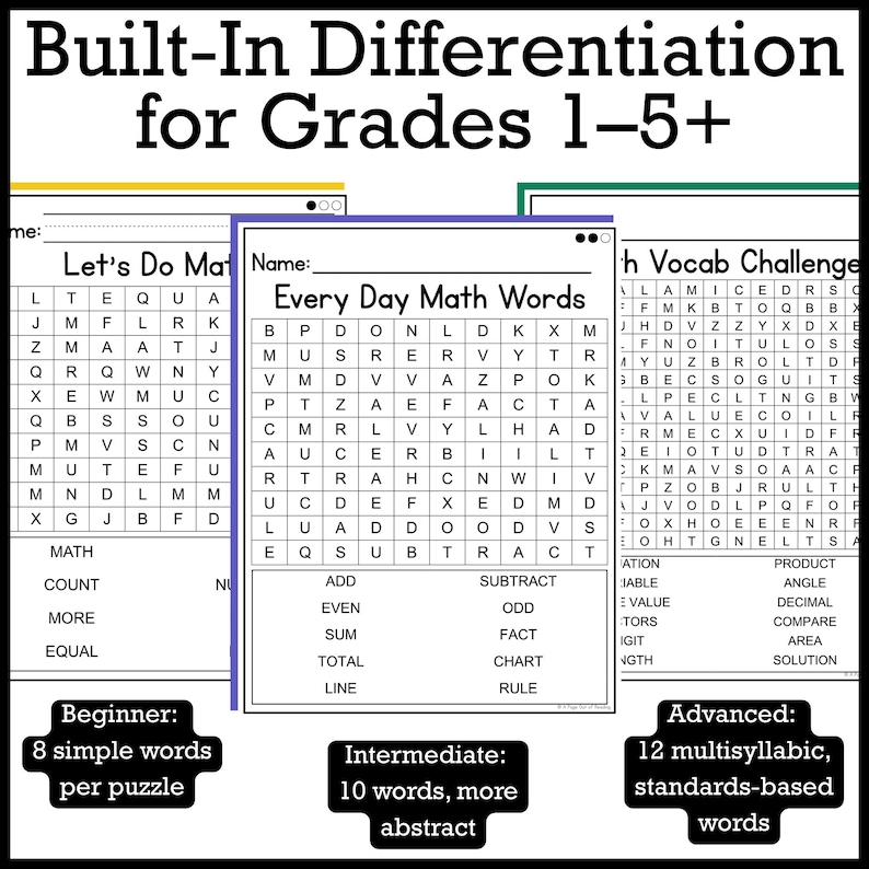 Math Word Searches Printable Bundle | Differentiated Vocabulary ...