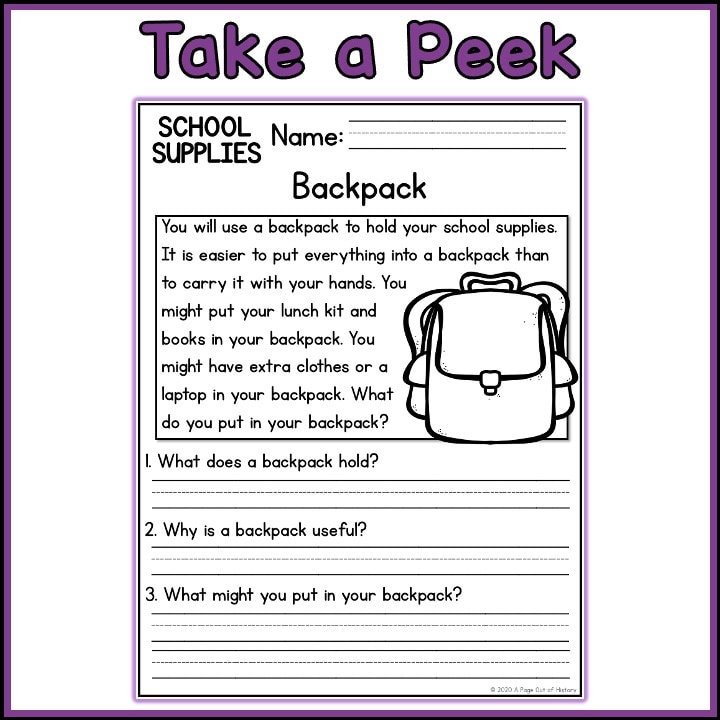School Supplies Reading Comprehension Passages and Questions Back to ...