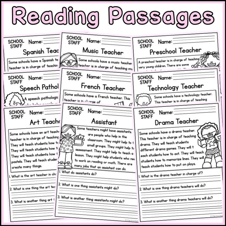 School Staff Reading Comprehension Passages and Question Back to School ...
