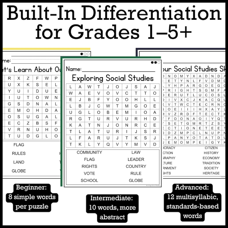 Social Studies Word Searches Printable Bundle | Differentiated ...