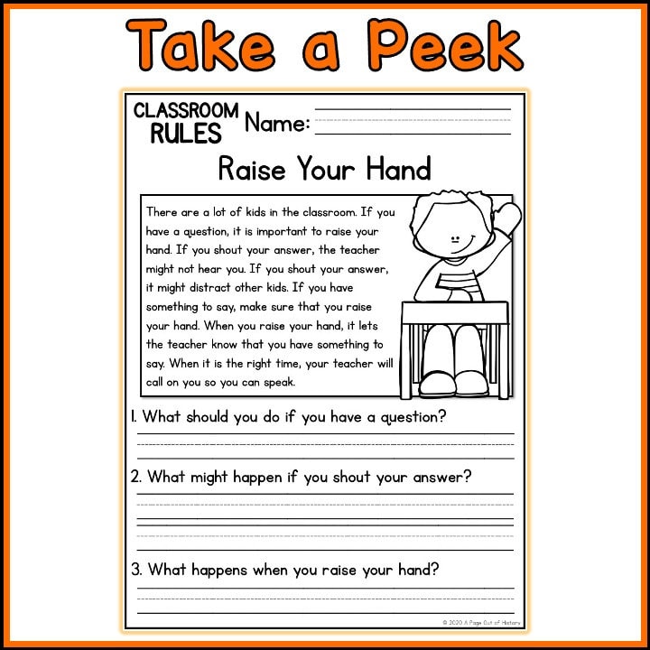 Classroom Rules Reading Comprehension Passages and Questions Back to ...