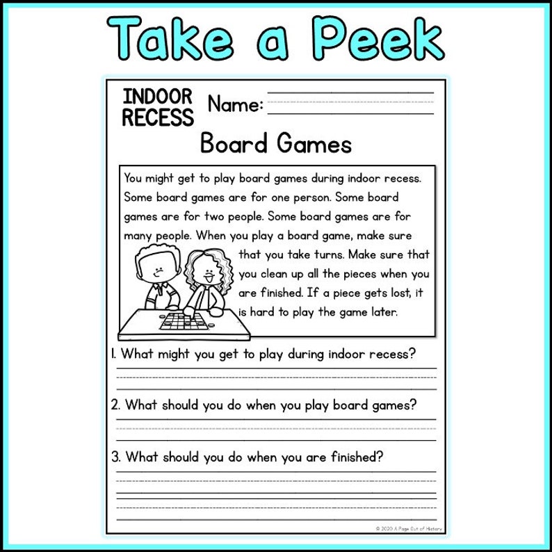 Indoor Recess Reading Comprehension Passages and Questions Back to ...