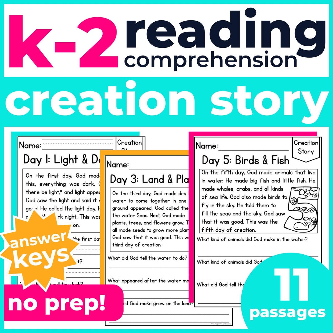 7 Days of Creation Story Reading Comprehension | Bible Passages for ...