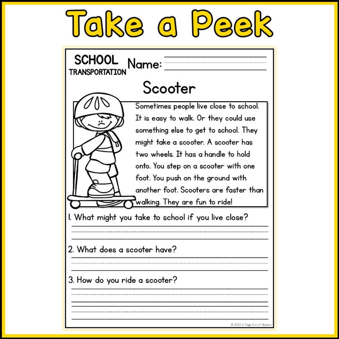School Transportation Reading Comprehension Passages and Question Back ...