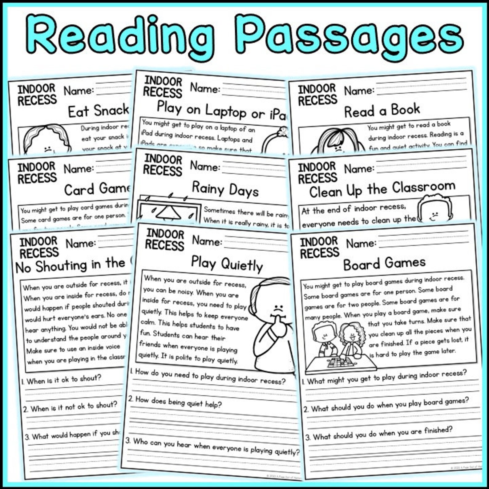 Indoor Recess Reading Comprehension Passages and Questions Back to ...