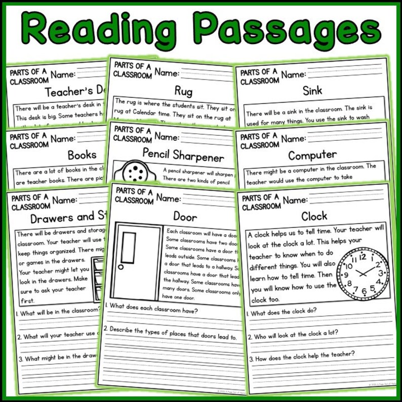 Parts of a Classroom Reading Comprehension Passages and Questions Back ...