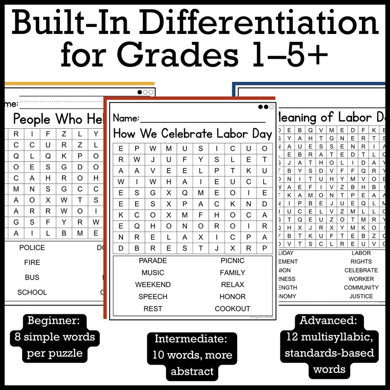 Labor Day Word Searches Printable Bundle | Differentiated Vocabulary ...